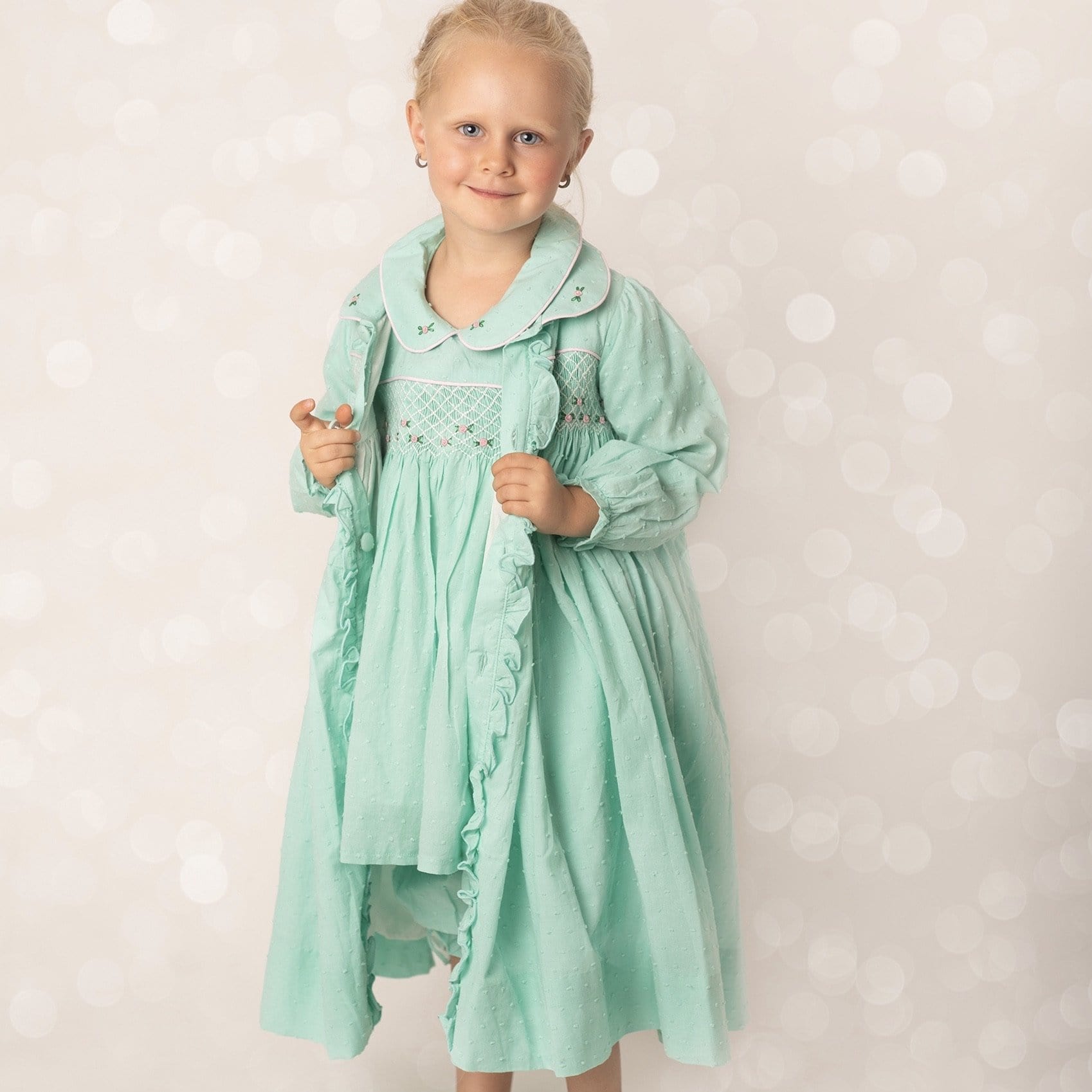 BLUEBELLS Smocked Three Piece Dressing Gown Set Mint